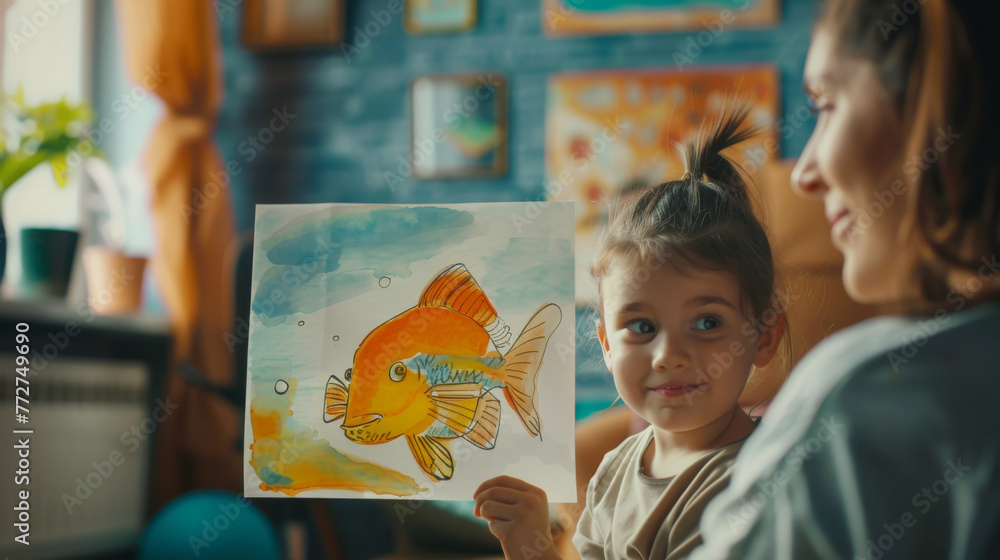 Happy young girl kid showing the drawing she made of a fish to her ...