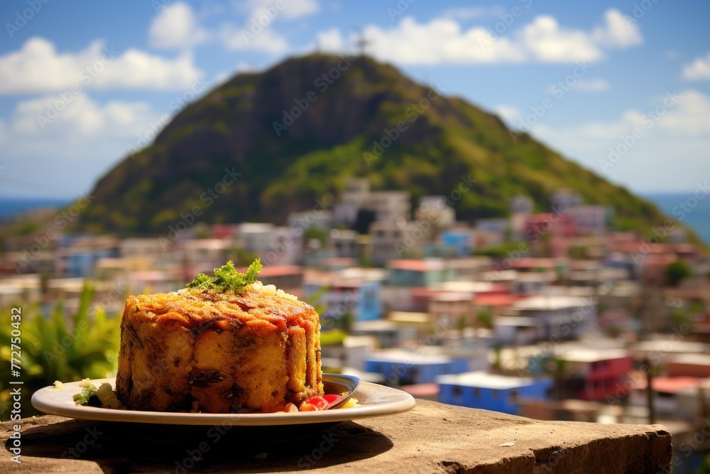 Puerto Rican mofongo with a view of a vibrant San Juan village. Stock ...