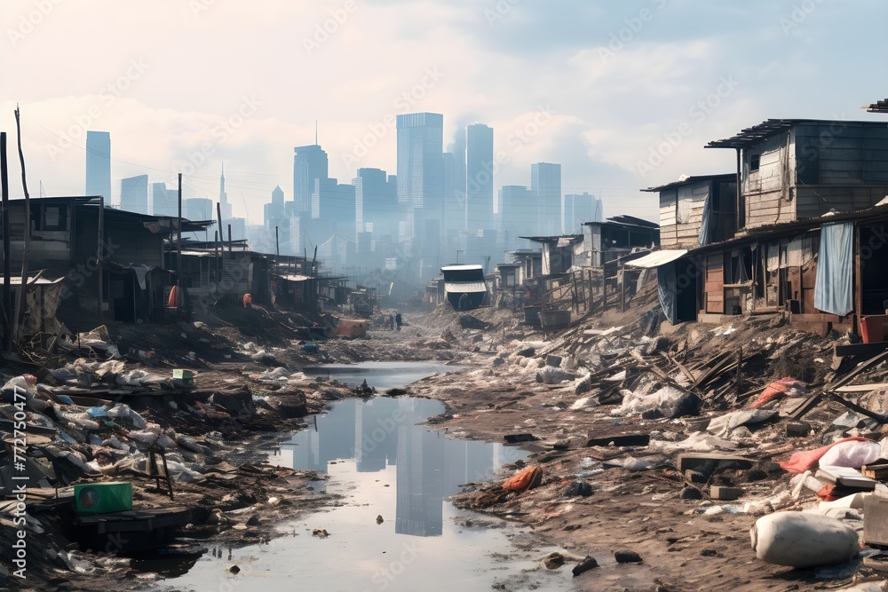 Contrast of the slums, poor living space to the rich city space, urban ...