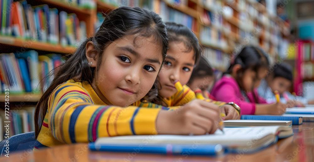 latin Kids taking notes from a book at library. Kids sitting at table ...