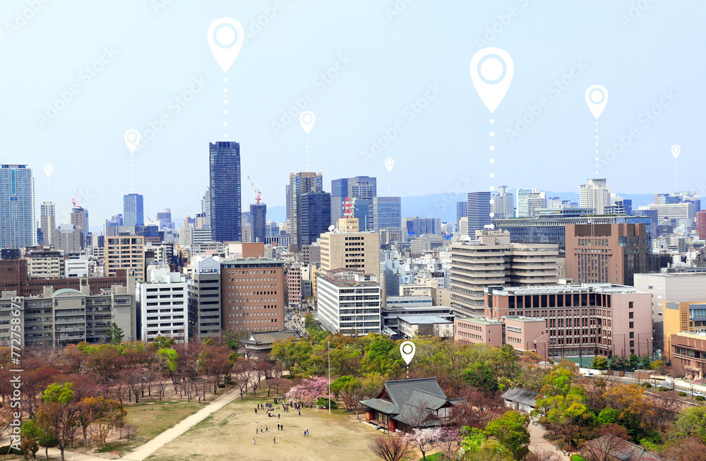 Network connection concept. Aerial view on Osaka with white location ...