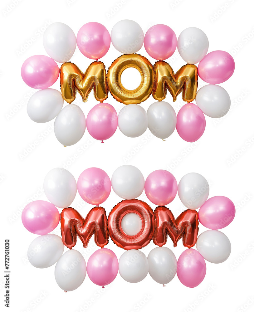 Word Mom is made of gold colorful inflatable balloon letters with pink ...