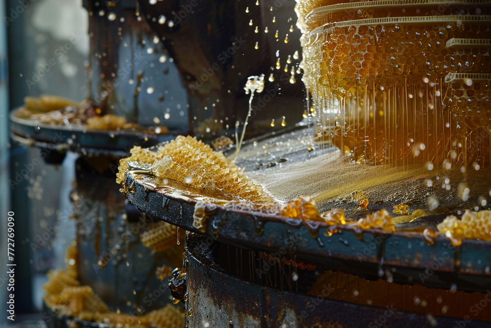 A detailed scene of the honey extraction process, where honey is spun ...