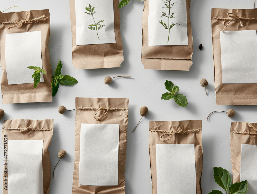Overhead view of herbal products in neat eco-conscious paper packaging ...