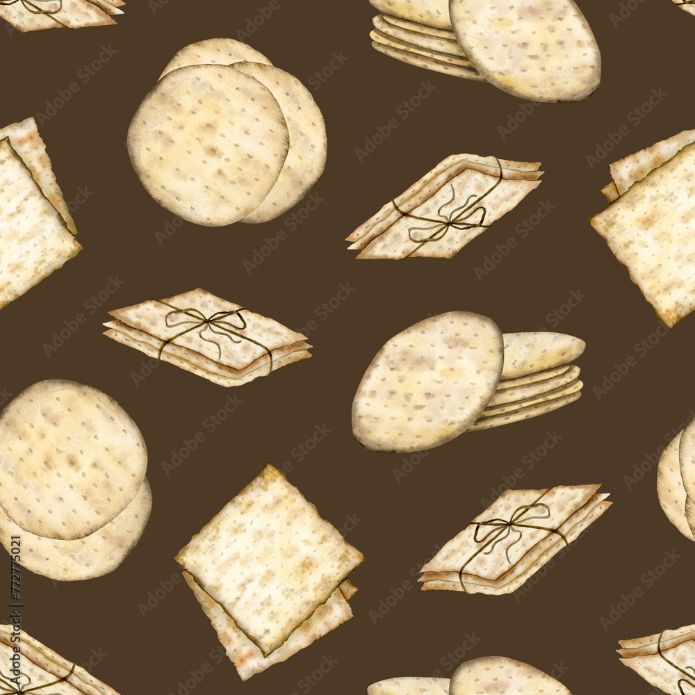 Watercolor matzah Passover bread seamless pattern on dark brown ...