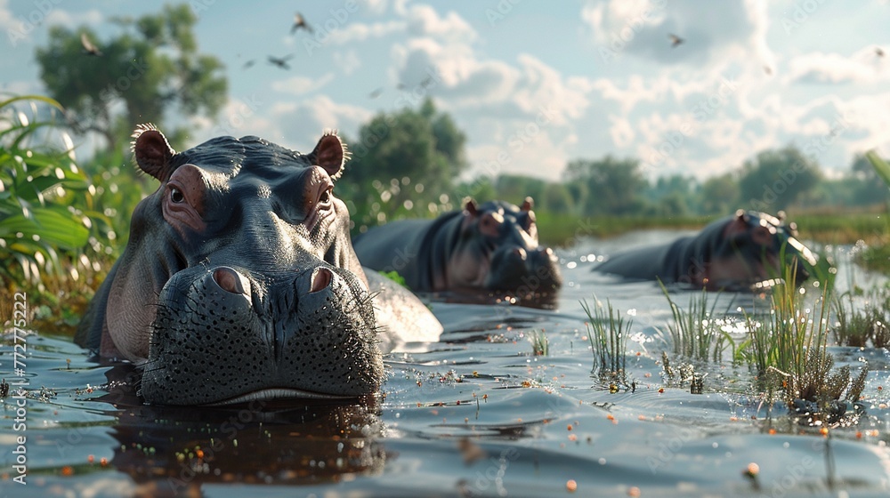 Wild hippos lounging in a river, savannah grasslands, photorealistic ...