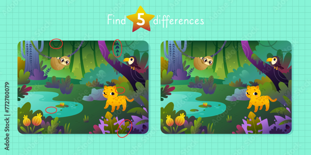 Cartoon mini game for kids with jungle animals. Find differences vector ...