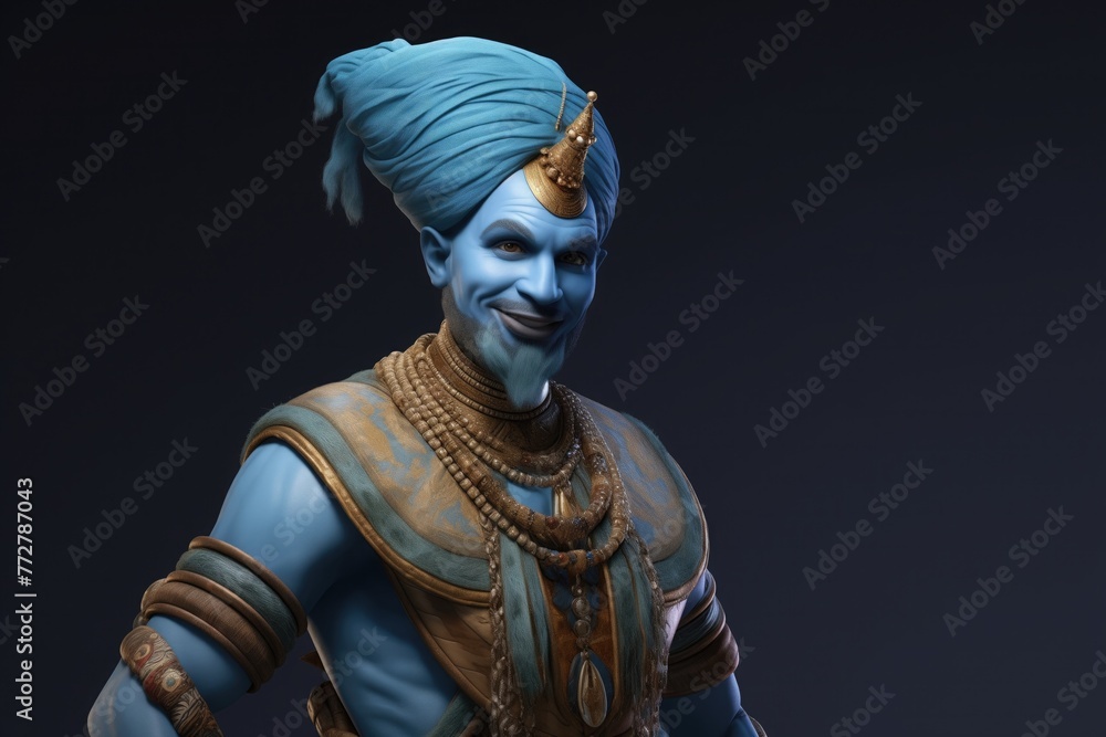 Portrait of a genie with blue skin and a gold horn in the middle of his ...