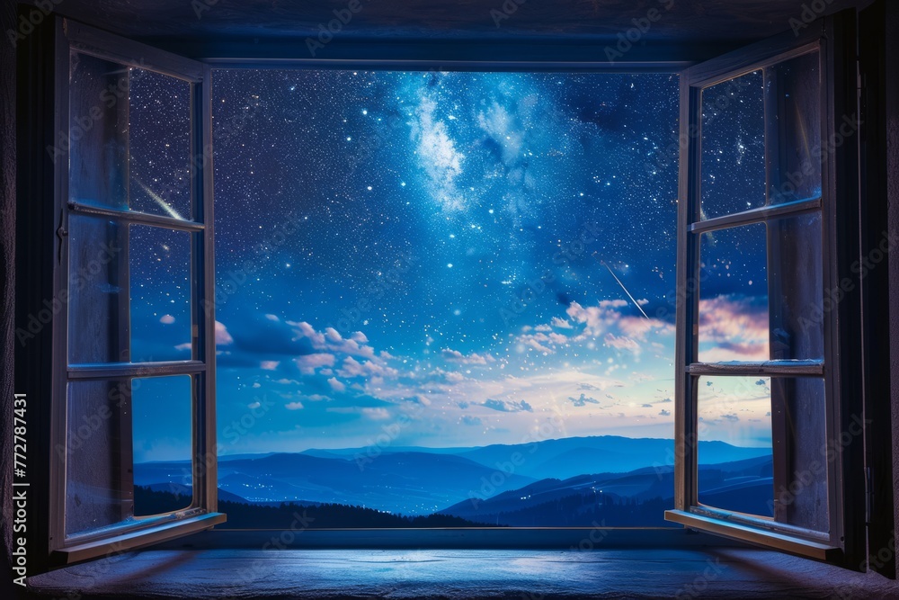 A magical window view of a starry night sky, with twinkling ...