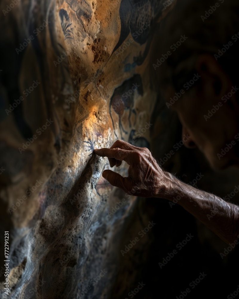 Hand of an old man of homo sapiens race drawing with pigments cave ...