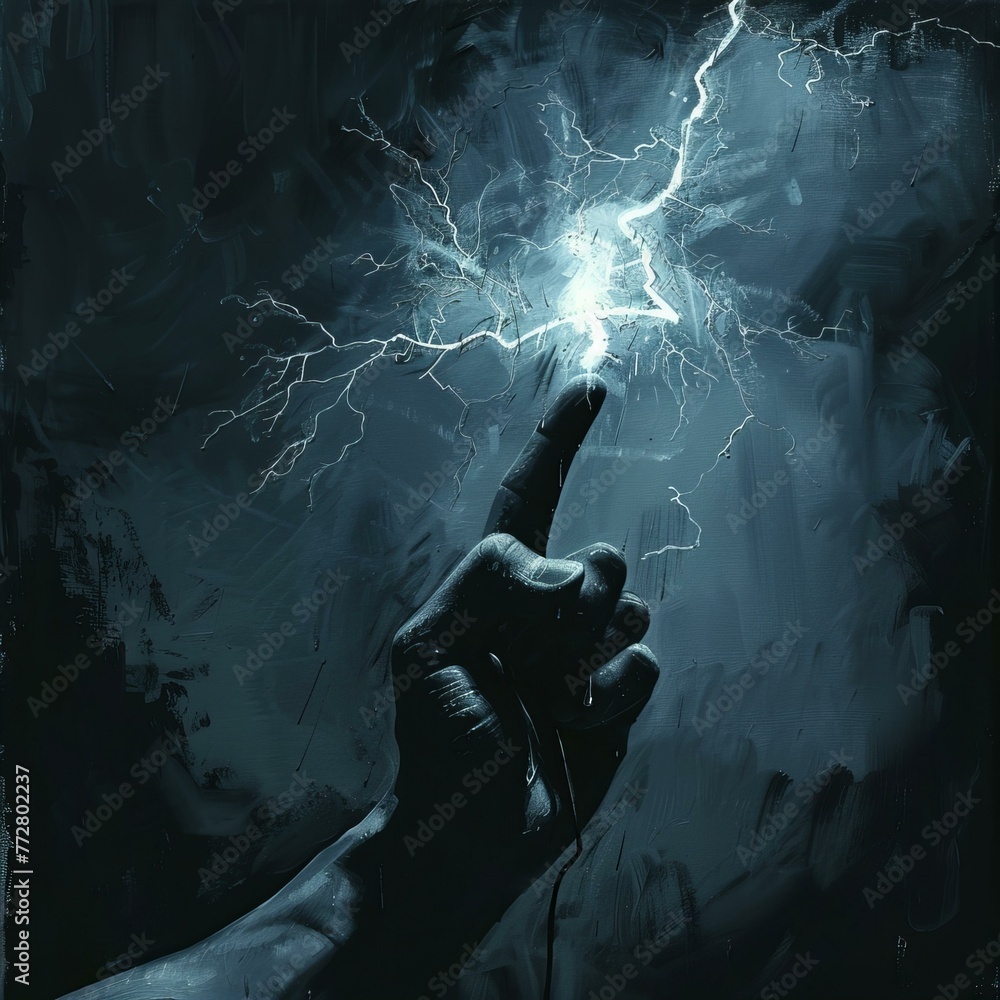 Dynamic painting of hand reaching out to touch a lightning bolt ...