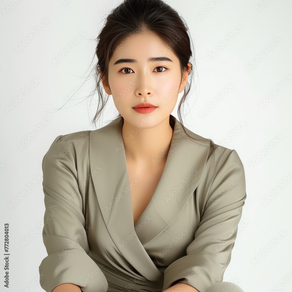 Close-up of a Pretty Young Chinese Woman in Wrap Blouse and Tailored ...