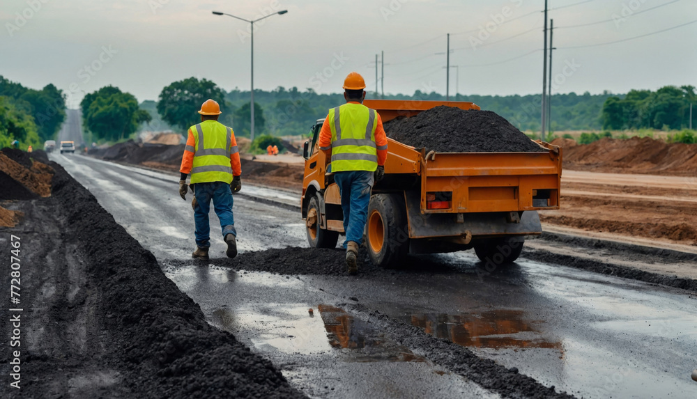 Road construction workers' teamwork, tarmac laying works at a road ...