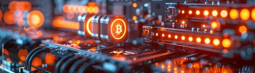 Indepth look at a crypto mining rig, glowing in operation, ambient ...