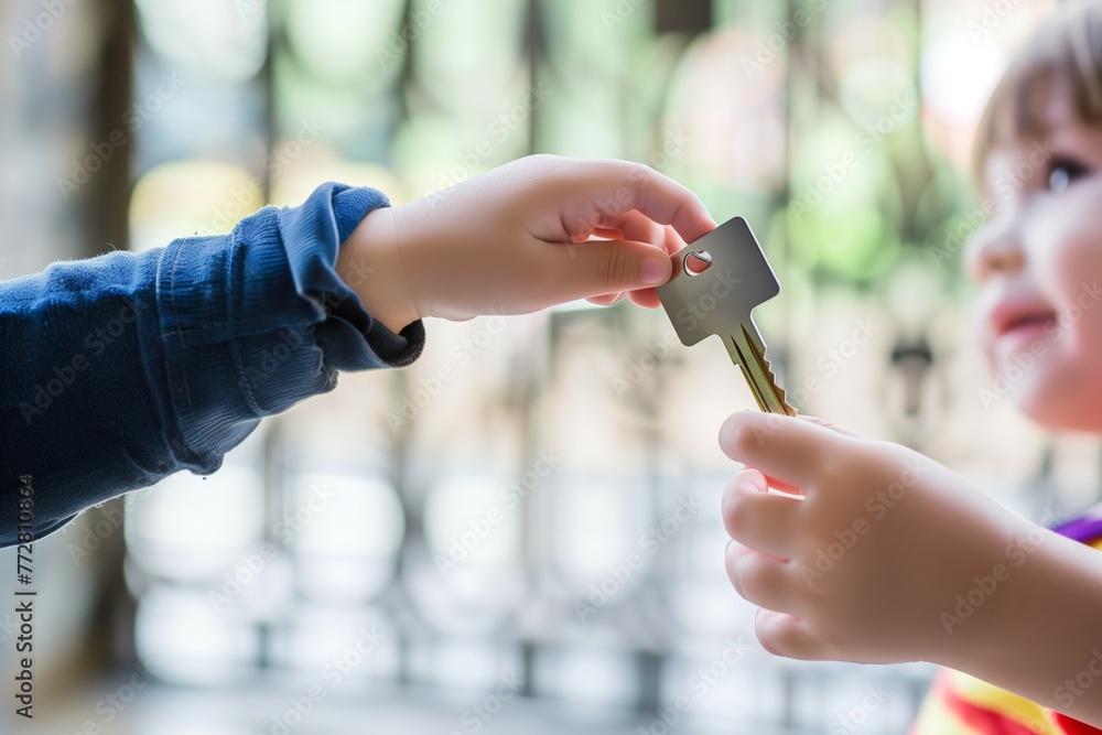 child handing over a key card to a parent against hotel background ...