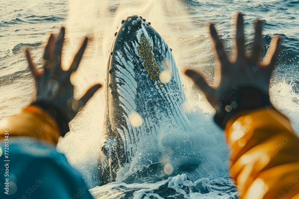 Close-up shot of a person's hands raised in awe as they watch a whale ...