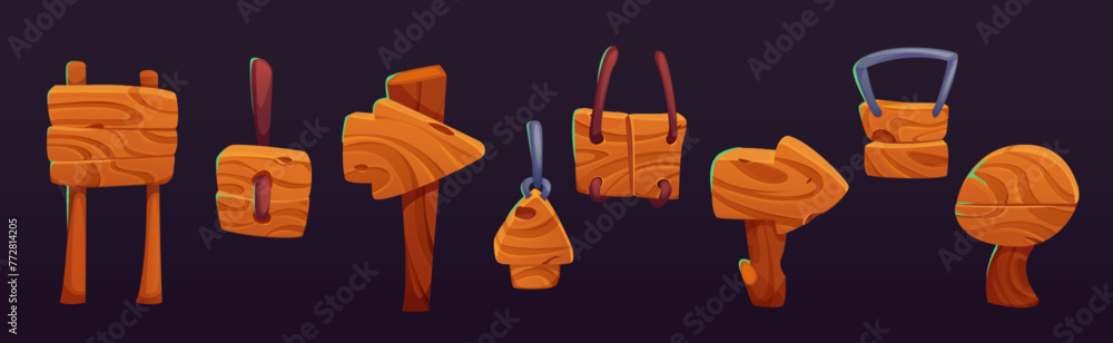 Wooden signboards set isolated on black background. Vector cartoon ...