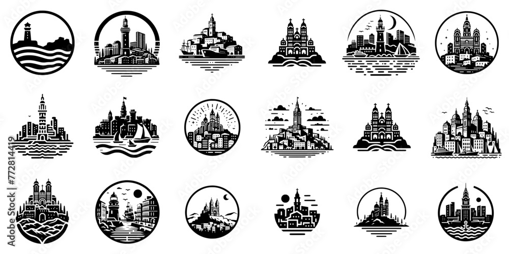 France Landmarks : Marseille Vector Silhouette Icons and Pictograms Set ...