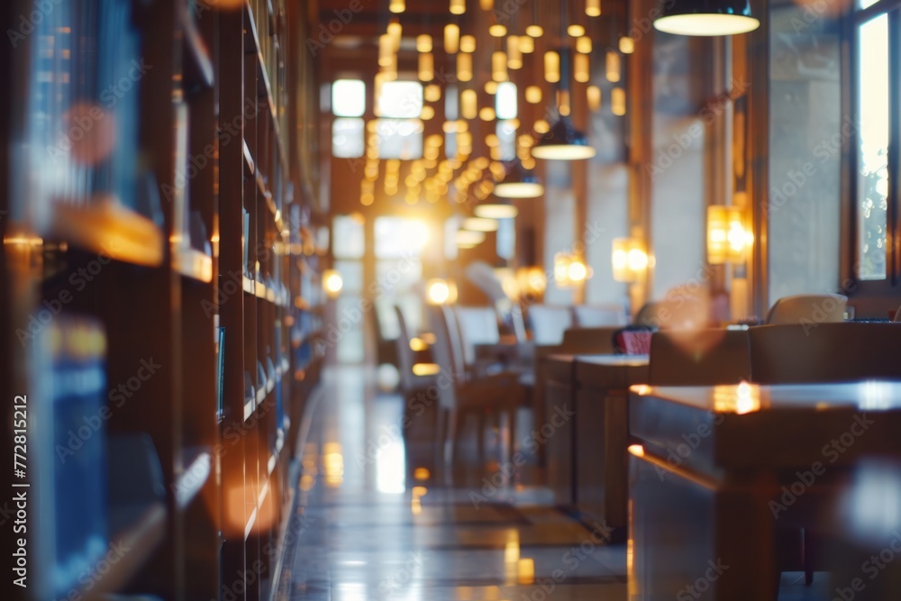 A peaceful library scene, with rows of bookshelves, study desks, and ...