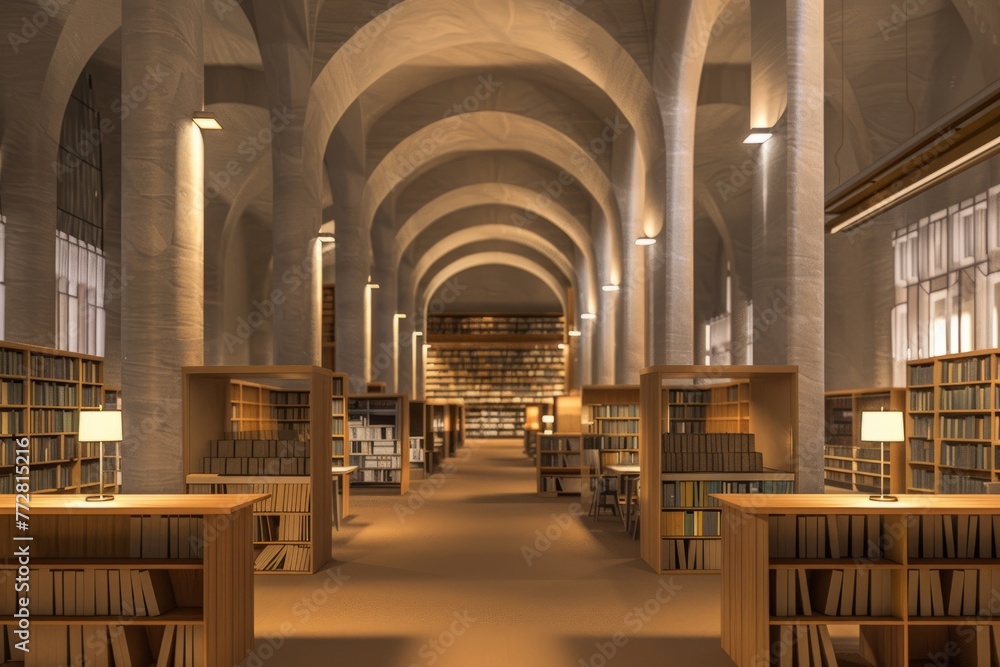 A peaceful library scene, with rows of bookshelves, study desks, and ...