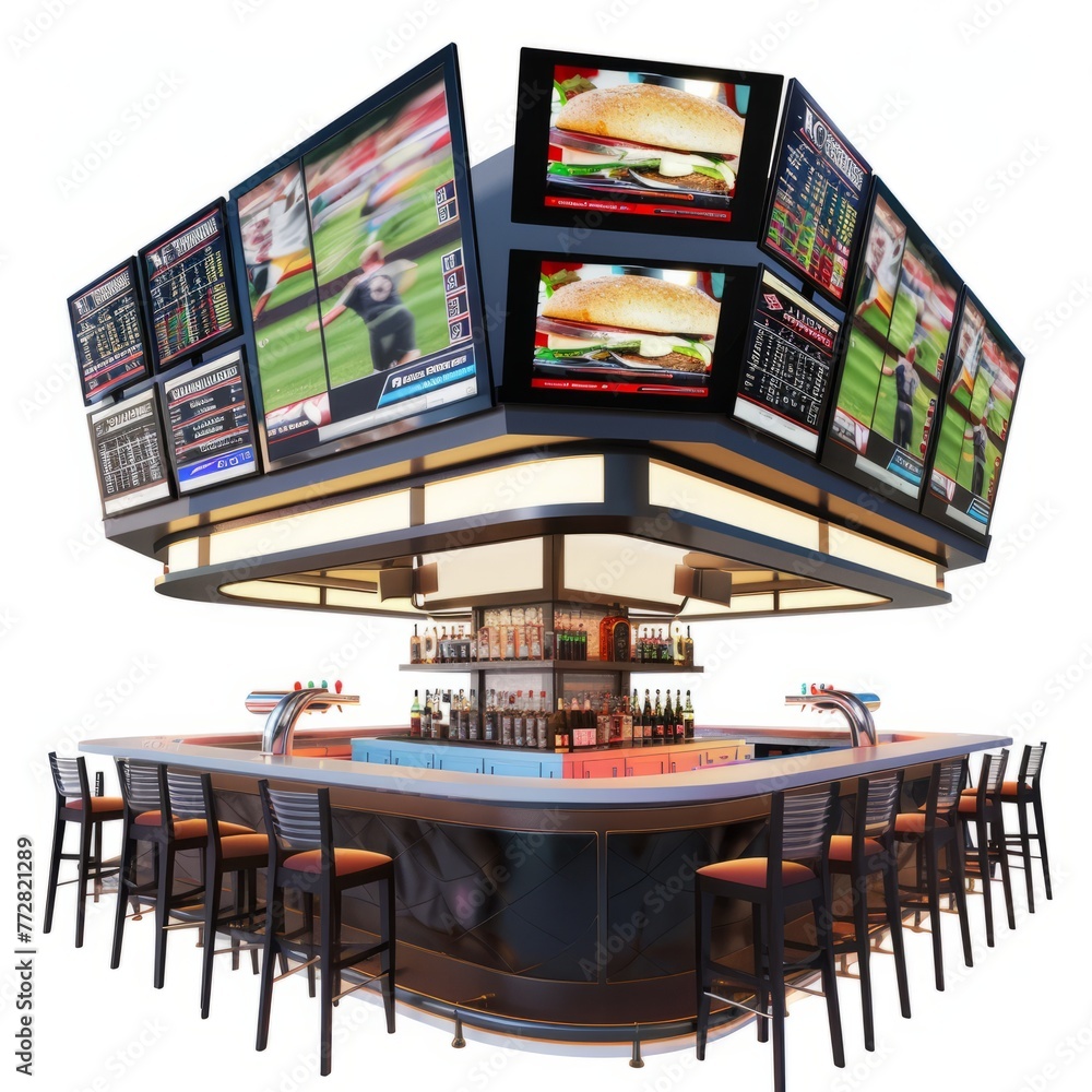 D Render of a sports bar with multiple TV screens and stadium seating ...