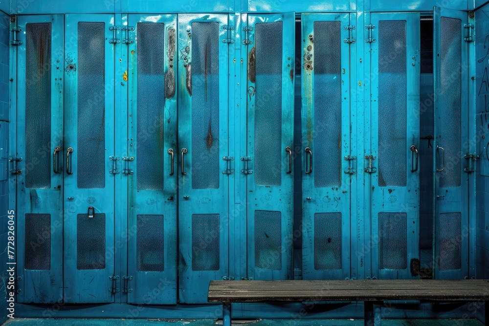 Blue Cage Lockers in Locker Room. Metal Lockers in Open and Closed ...