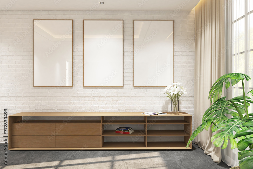 3d rendering of interior space side the window with credenza and 3 ...