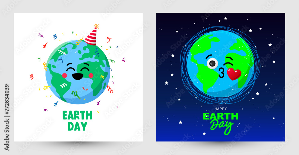Two postcards for Earth Day on April 22nd. Happy smiling planet Earth ...