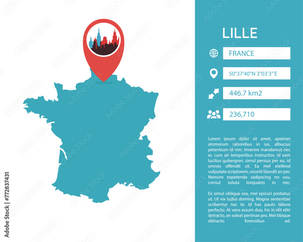 Lille France map shape vector infographics template. Modern city data ...