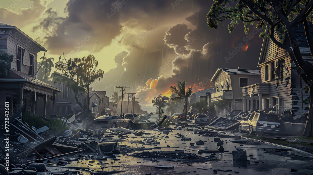 Illustrate a scene showing the destruction caused by natural disasters ...
