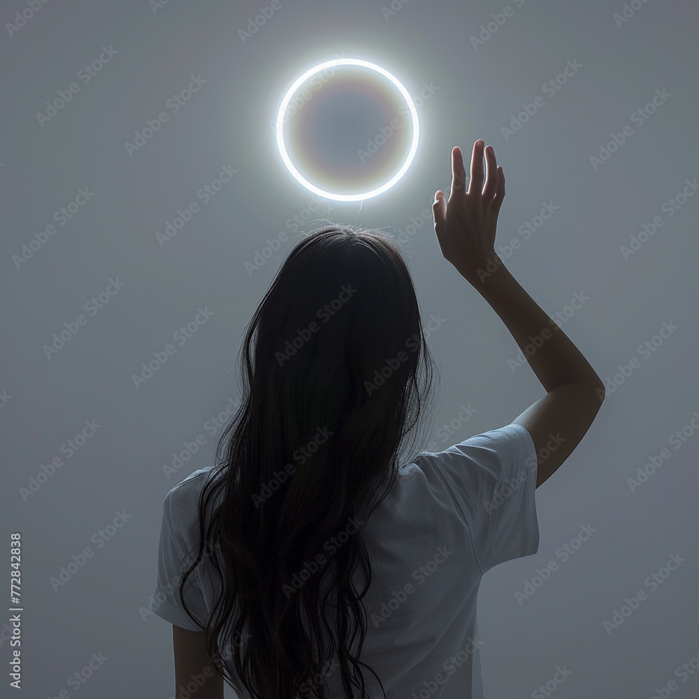 3d rendered photos of a woman holding up her hand to the eclipse halo ...