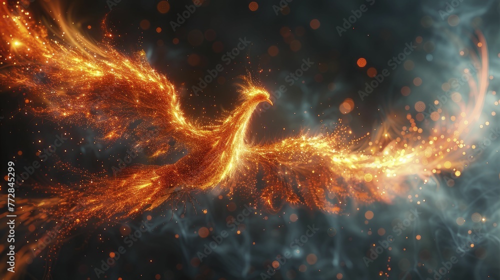 An innovative depiction of a phoenix emerging from data ashes, set ...