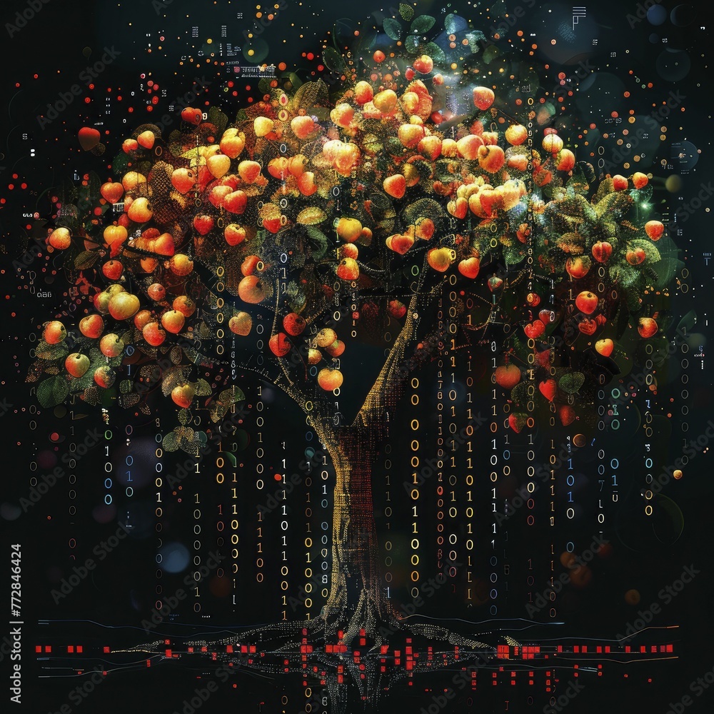 Minimalistic image of a tree with digital fruit, on a knowledge base ...