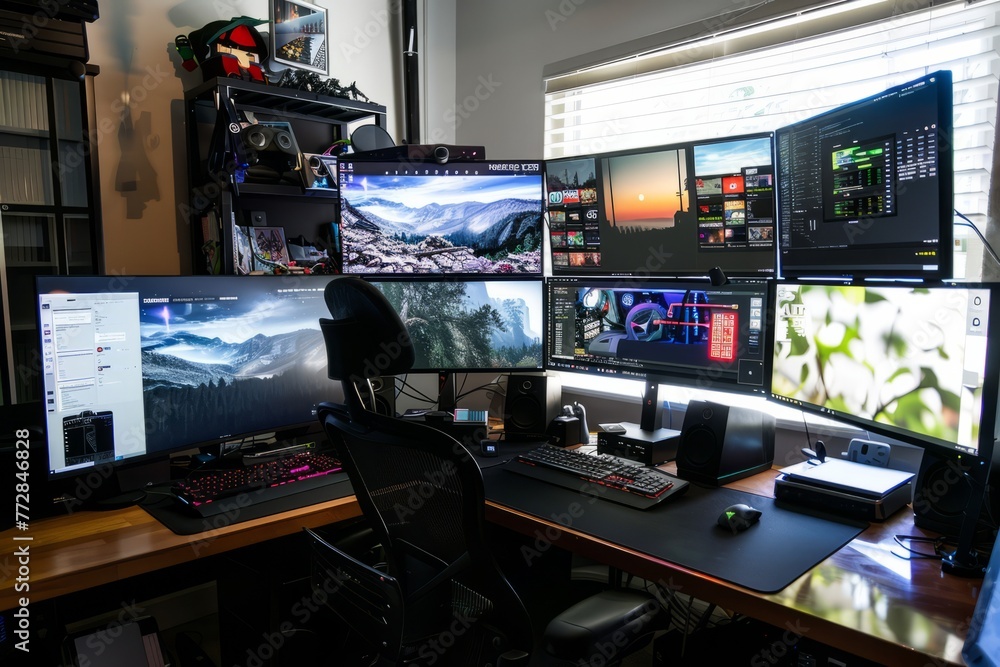 A high-tech gaming setup with multiple monitors, RGB lighting, and ...