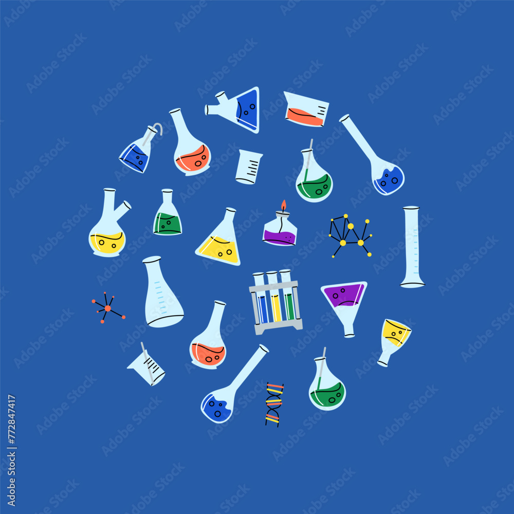 Laboratory glassware. Chemical reagents in glass bottles and rest tubes ...