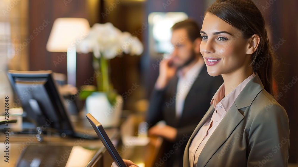 Attractive female receptionist working at hotel counter with her ...