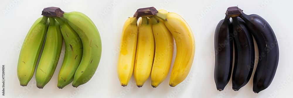Three bunches of bananas in a row, green, yellow and black ...
