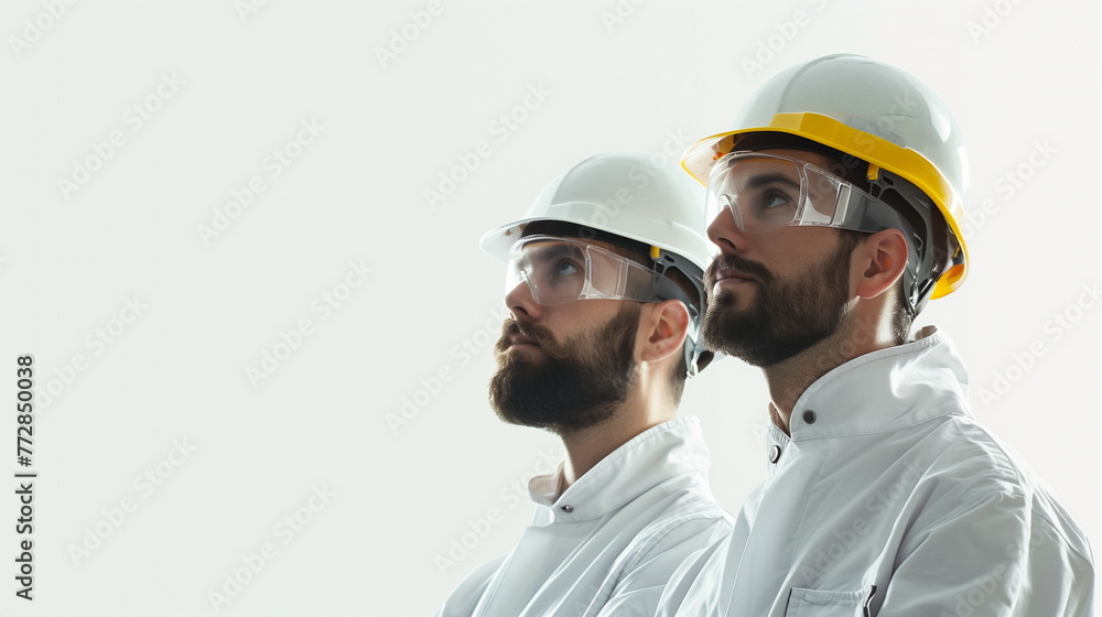 Side view of two workers wearing white hard hats, work clothes and ...