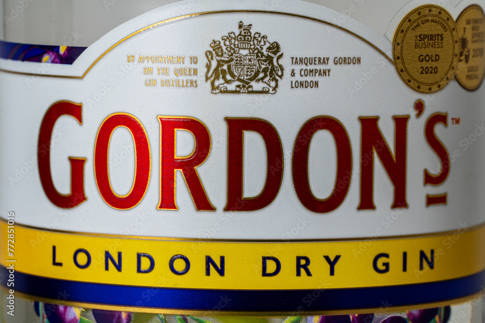 Label and trademark of Gordon's gin on bottle, closeup. Gordon's is a ...