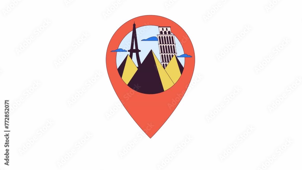 Vidéo Stock Famous monuments pin location line 2D object animation ...
