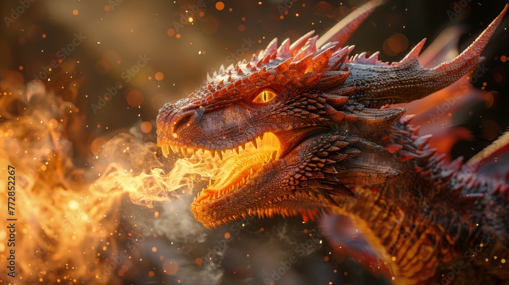 A dragon is blowing fire from its mouth. The dragon is a fantasy ...