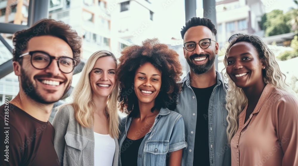 Happy diverse group of friends smiling together in an urban setting ...