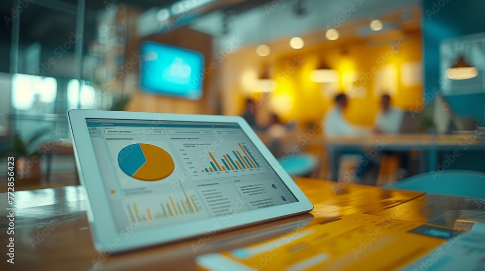Tablet displaying graphs and pie charts on a table in a modern office ...