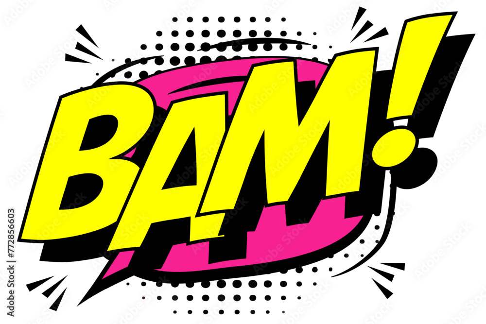 Bam depicted in bold colors pop art style with yellow and pink sunburst ...
