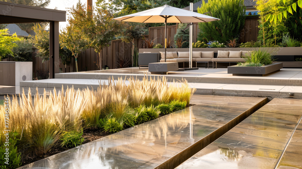 A minimalist backyard patio area with polished concrete floors ...