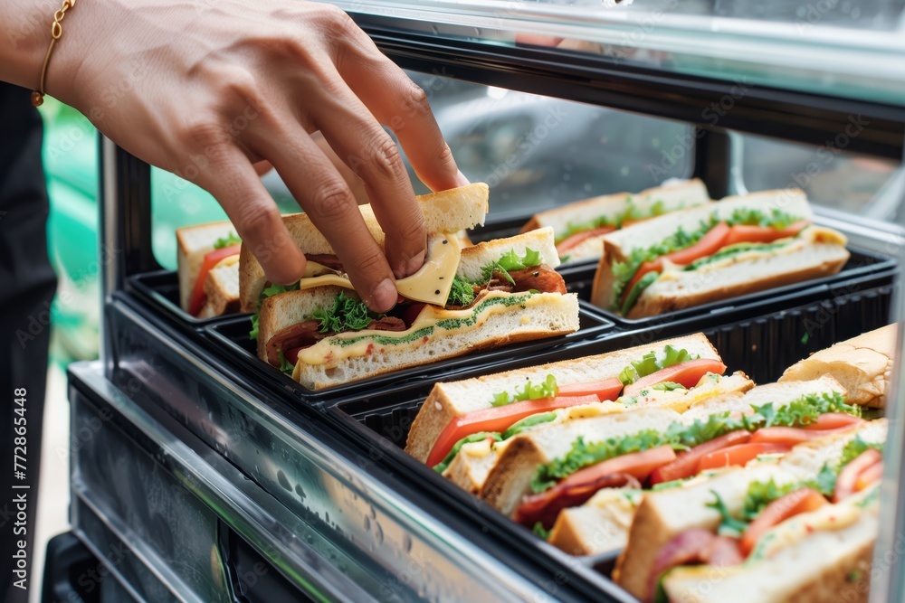 person picking up a prepared sandwich from a cooler Stock Photo | Adobe ...