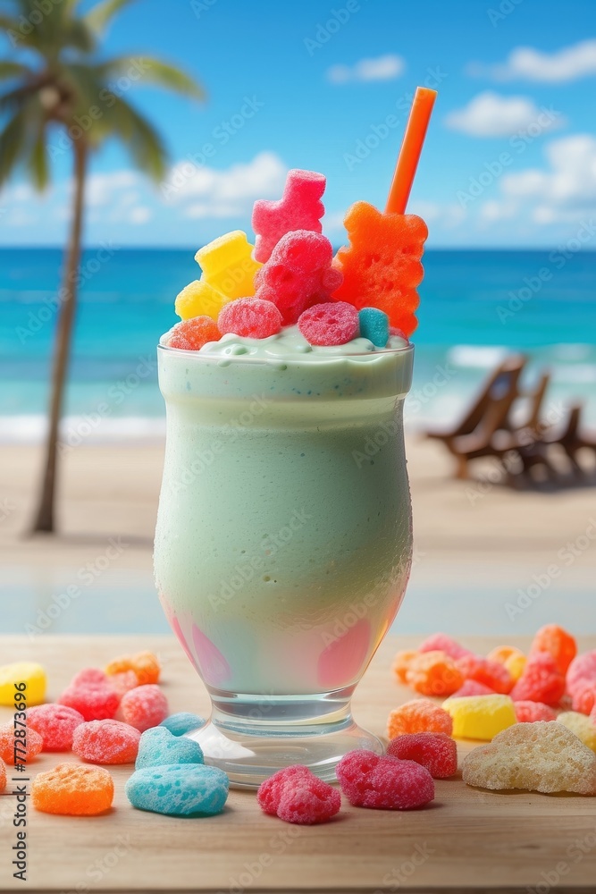 a sour patch kids candy milkshake on a table with a beach back ground ...