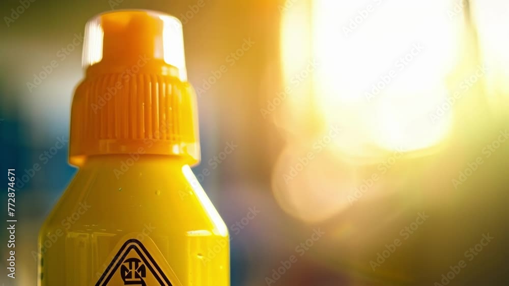 A photograph of a bright yellow safety sticker on a bottle of ...