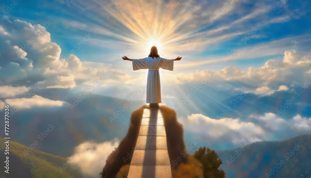 Jesus Christ with open arms reaching out in the sky, hand gestures of ...
