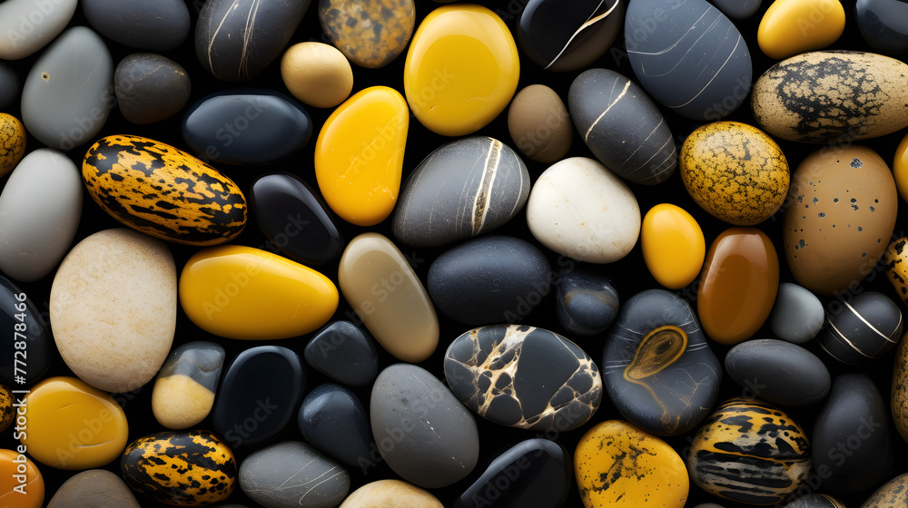 Top view, background of yellow and black pebbles with different ...